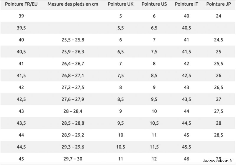Quelle pointure pour un pied de 27 cm